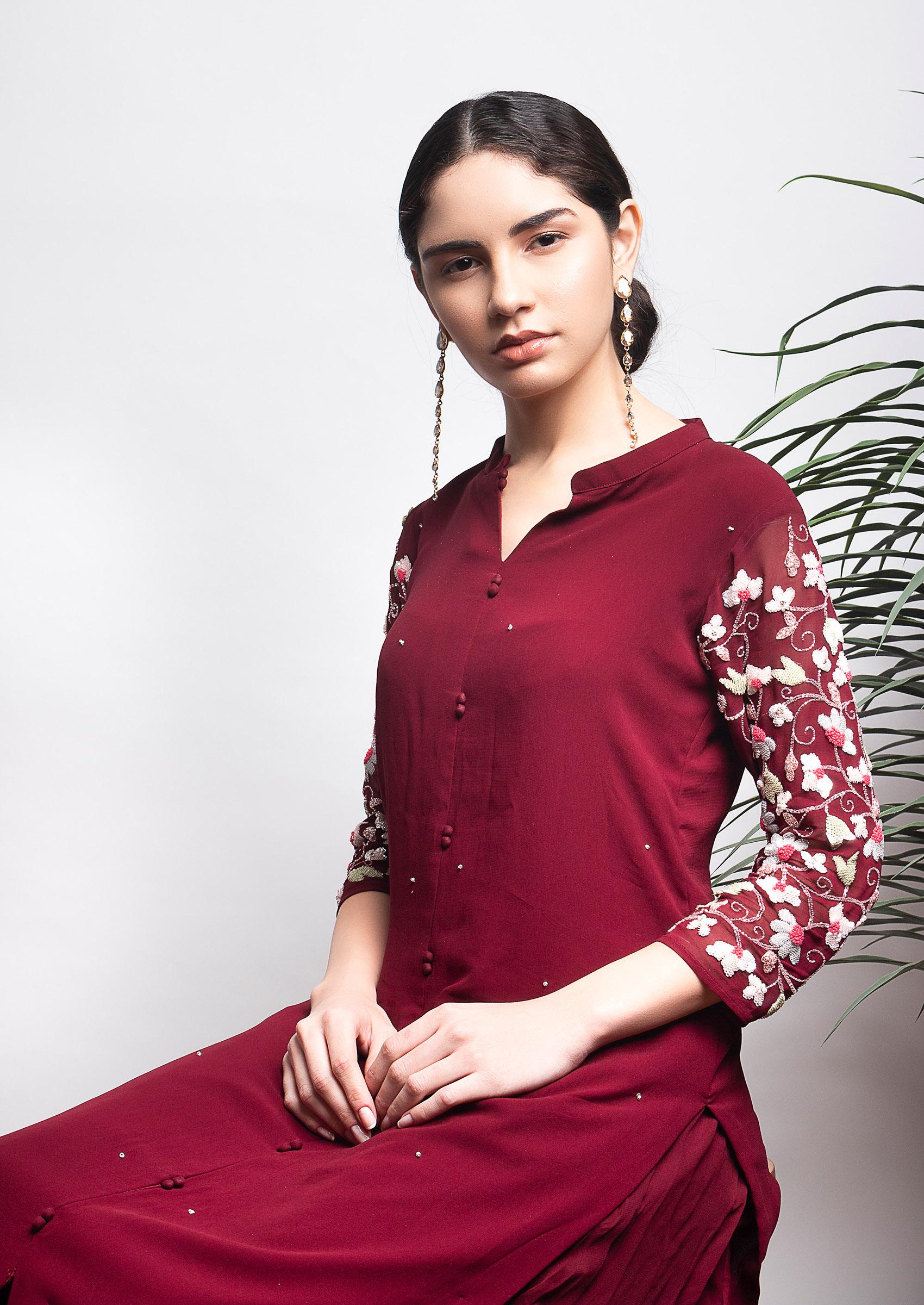 Buy Women Deep Maroon Bead Embroidered Kurta Set - WLK00682 - Kurta Set ...