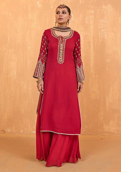 Buy Women Ruby Red Embroidered Kurta Set - WLK00697 - Kurta Set - Indya
