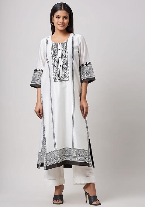 Buy Women Ivory Black Block Print Kurta Set - Kurta Sets - Indya