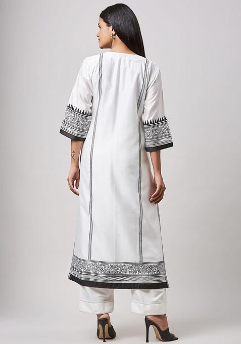 Buy Women Ivory Black Block Print Kurta Set - Kurta Sets - Indya