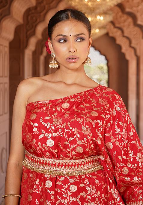 Buy Women Red Embroidered Shama Lehenga Set With One Shoulder Cape ...