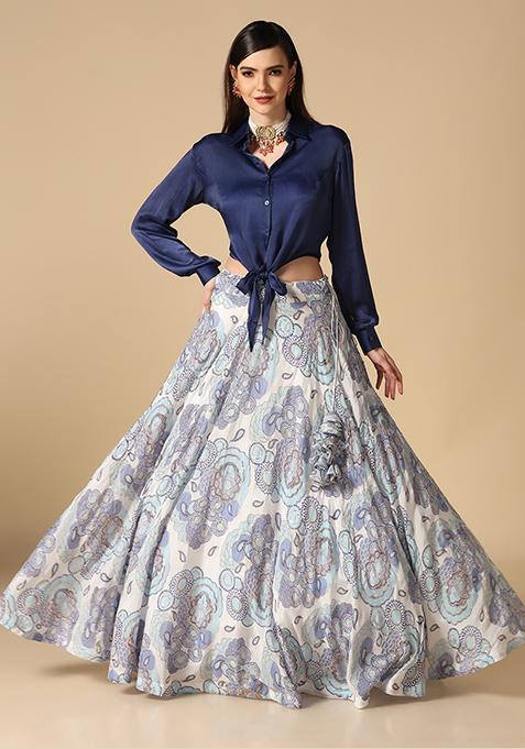 Buy Women Blue Shirt And Printed Lehenga Set - WLL00131 - Luxury ...