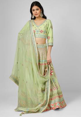 Buy Women Lime Green Gotta Dori Embroidered Silk Georgette Lehenga Set ...