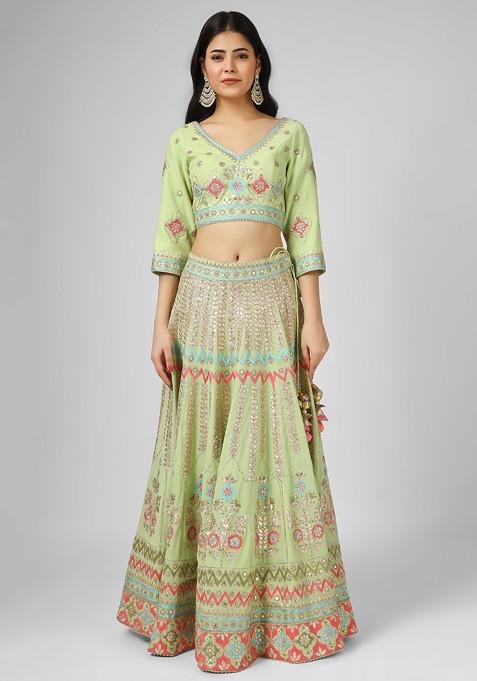 Buy Women Lime Green Gotta Dori Embroidered Silk Georgette Lehenga Set ...