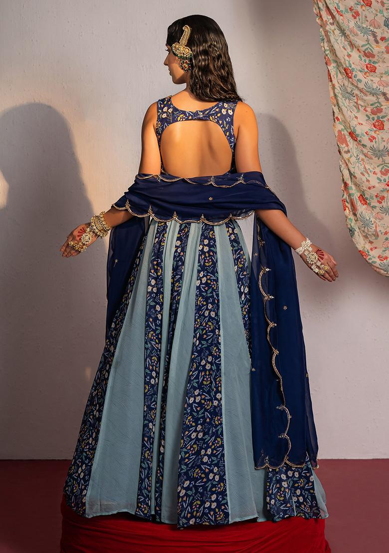 Buy Women Royal Blue Digital Print And Sequin Embroidered Lehenga Set ...