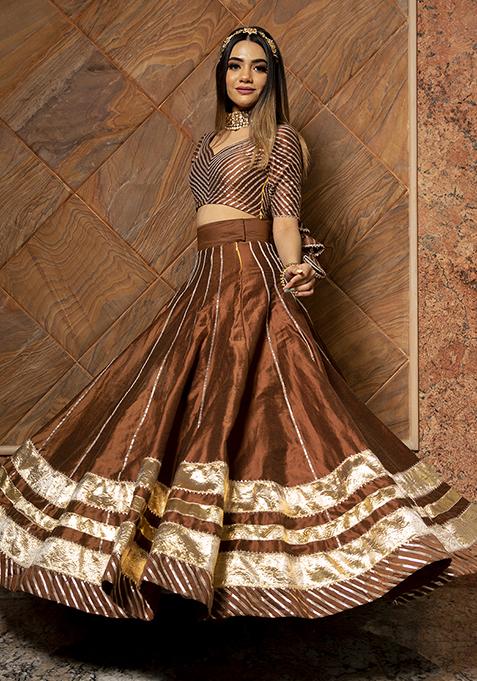 Buy Women Brown Embroidered Cotton Silk Bani Thani Lehenga Set ...