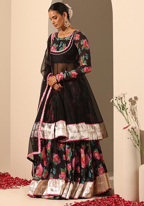 Buy Women Black Printed Georgette Gul Gulab Lehenga Set - WLL00302 ...
