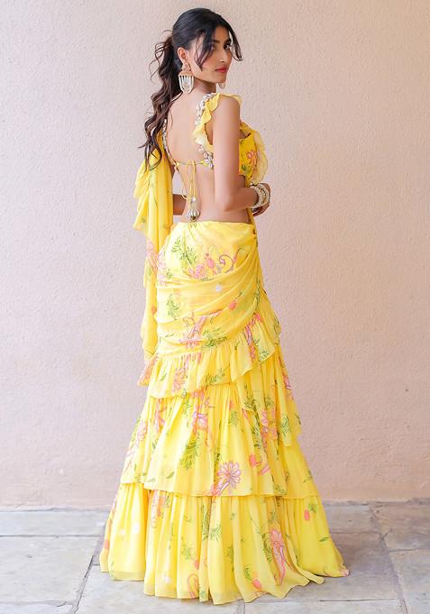 Buy Women Yellow Floral Print Pre-Draped Ruffled Saree Set - WLS00013 ...