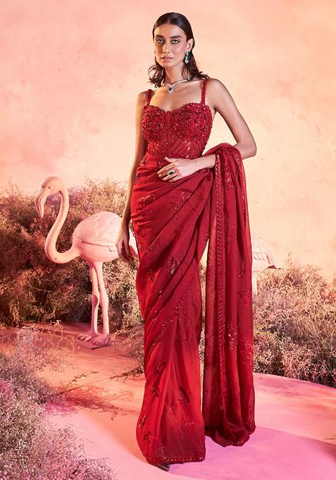 Buy Women Red Rose Embroidered Saree With Blouse - WLS00023 - Luxury ...