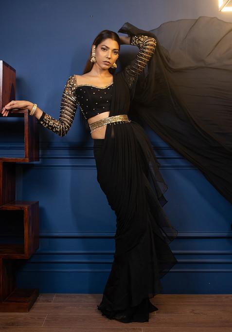 Buy Women Black Night Tulip Ruffle Saree Set - WLS00032 - Luxury ...