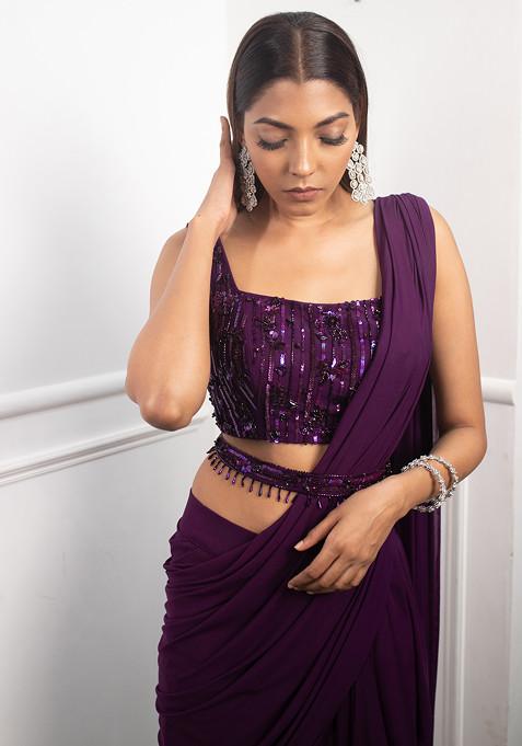 Buy Women Dark Purple Embellished Drape Saree Set - WLS00033 - Luxury ...
