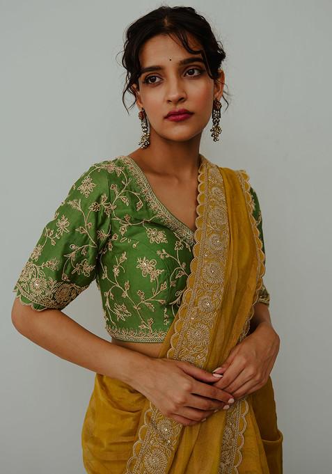 Buy Women Mustard Chanderi Embroidered Saree With Stitched Blouse ...