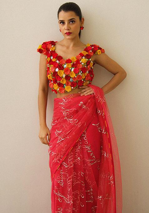 Buy Women Red Sequin Embroidered Love Letter Saree With Blouse ...