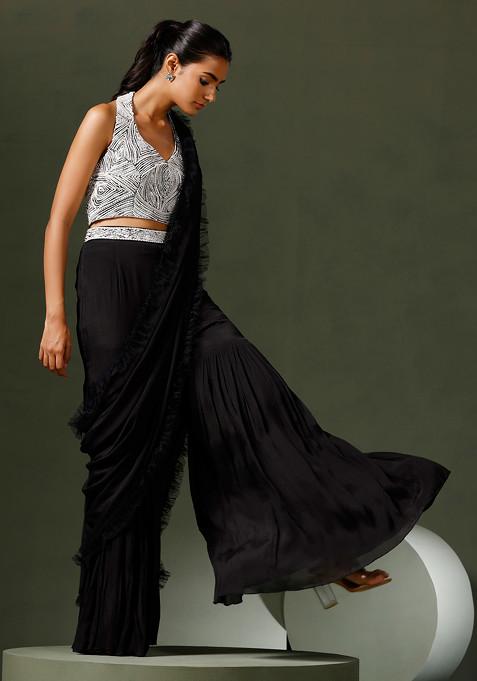 Buy Women Black Pearl Embroidered Gharara Saree - WLS00059 - Luxury ...