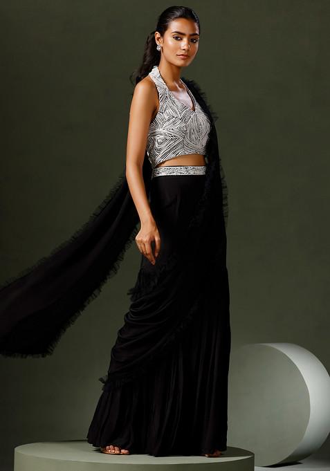 Buy Women Black Pearl Embroidered Gharara Saree - WLS00059 - Luxury ...