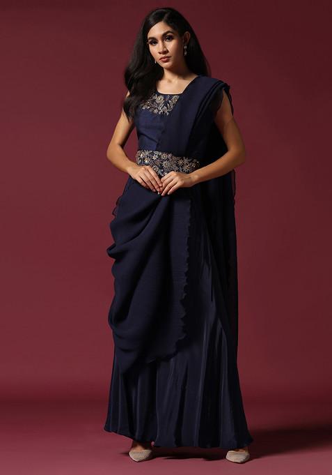 Buy Women Navy Blue Hand Embroidered Pre-Draped Saree - WLS00068 ...