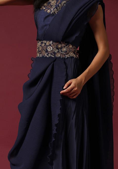 Buy Women Navy Blue Hand Embroidered Pre-Draped Saree - WLS00068 ...