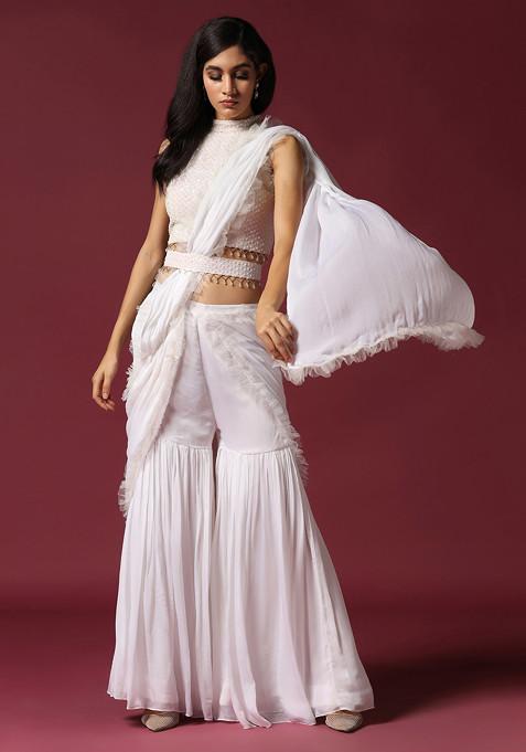 Buy Women White Hand Embroidered Draped Gharara Saree - WLS00072 ...