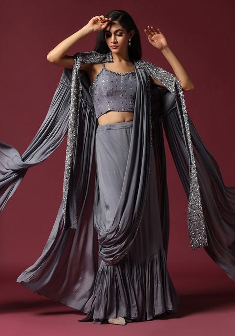 Buy Women Grey Hand Embroidered Cape Jacket And Draped Saree Set ...