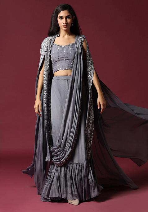 Buy Women Grey Hand Embroidered Cape Jacket And Draped Saree Set ...