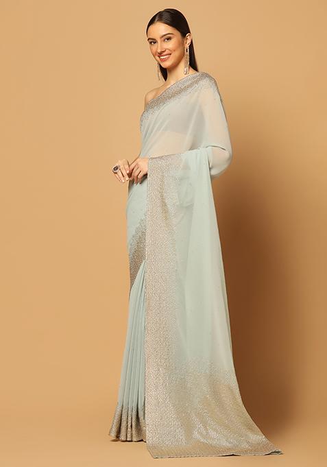 Buy Women Powder Blue Sequin Embroidered Saree Set - WLS00080 - Luxury ...