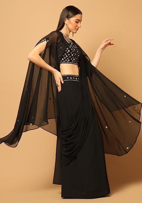 Buy Women Black Draped Saree Set With Cape - WLS00083 - Luxury ...