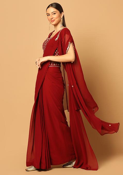 Buy Women Maroon Draped Saree With Cape Set - WLS00092 - Luxury ...