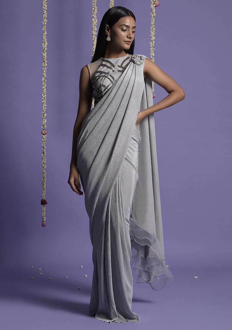 Buy Women Grey And Silver Lycra Draped Saree Set - Pre-draped Sarees ...