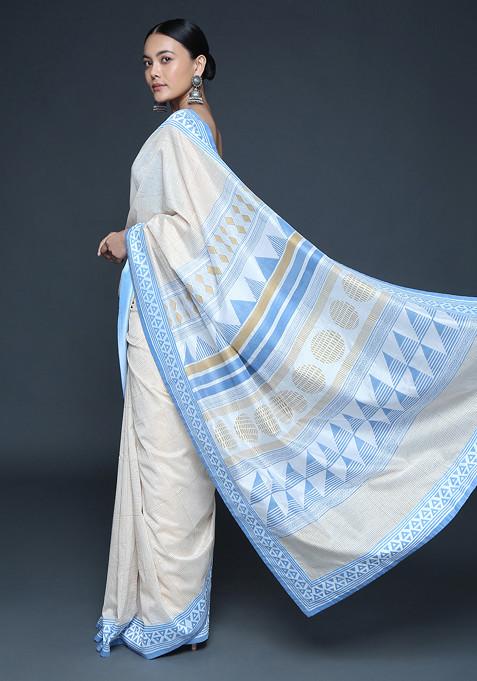 Buy Women Ivory Geometric Block Print Hand Embroidered Saree Set ...