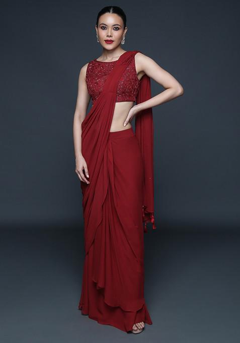 Buy Women Mineral Red 3D Embroidered Pre-Draped Saree Set - Pre-draped ...