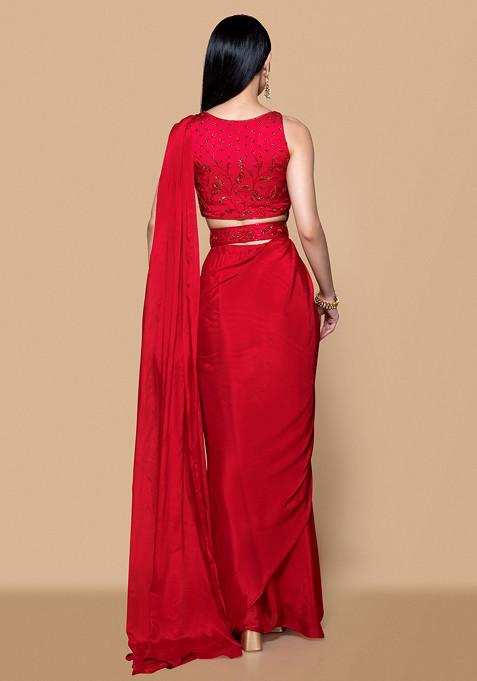 Buy Women Red Embellished Pre-Draped Saree Set - WLS00259 - Traditional ...