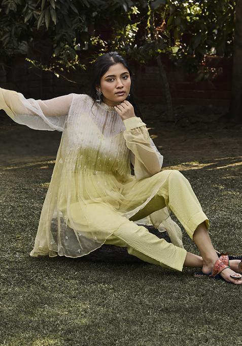 Buy Women Yellow And Ivory Embroidered Hand Woven Organza Tunic Set ...