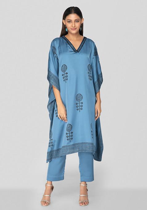 Buy Women Command Blue Block Print Kaftan Set - WLT00069 - Luxury ...
