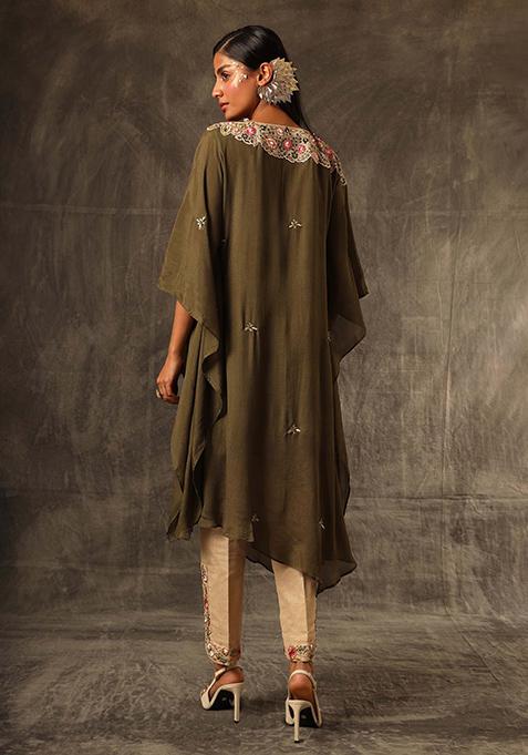 Buy Women Crocodile Green Cut Pipe Work Jute Crepe Kaftan Set ...