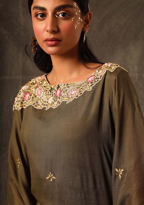 Buy Women Crocodile Green Cut Pipe Work Jute Crepe Kaftan Set ...