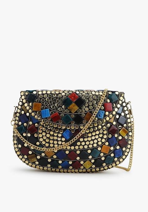 Buy Women Gold Toned And Blue Embellished Half Moon Clutch - XBG01796 ...
