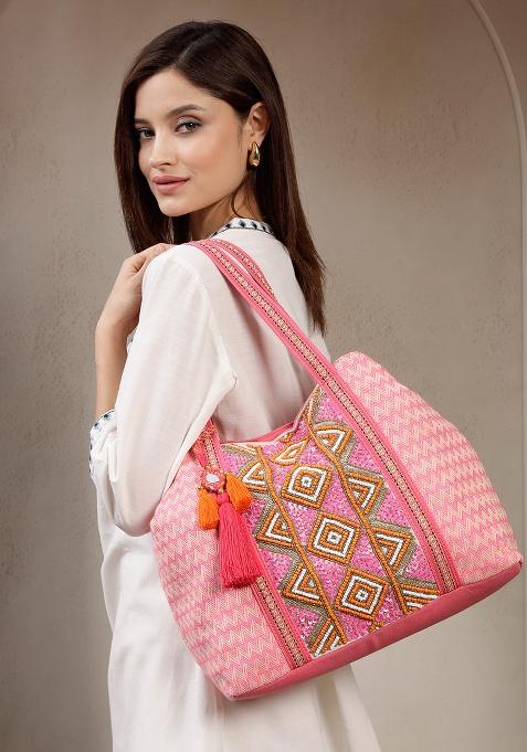 Buy Women Flamingo Pink And Beige Diamond Beaded Cotton Hobo Bag ...
