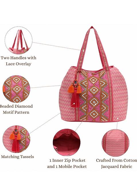 Buy Women Flamingo Pink And Beige Diamond Beaded Cotton Hobo Bag ...