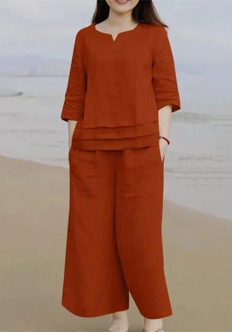 Buy Women Rust Orange Solid Cotton Co Ord Set - XCO00399 - Co-Ords - Indya