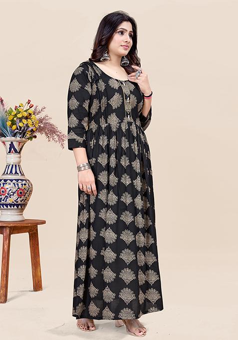 Buy Women Black Printed Rayon Kurta - XDR00285 - A-Line Kurtas - Indya