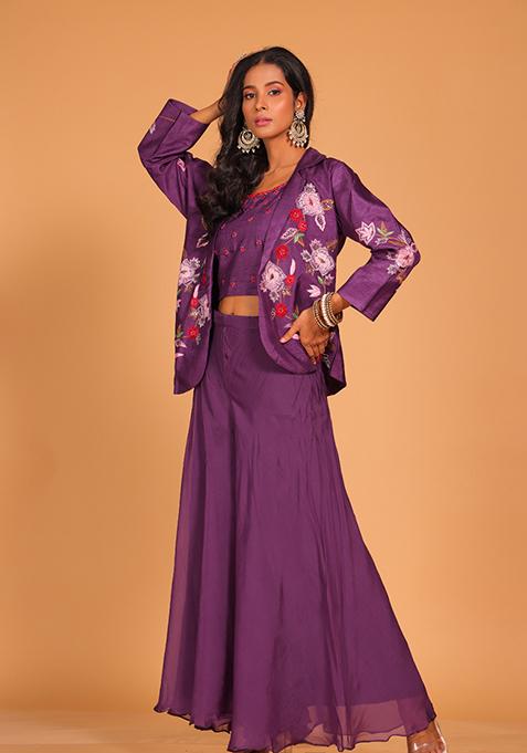 Buy Women Purple Embroidered Organza Palazzo Set - XFS00187 - Eid ...