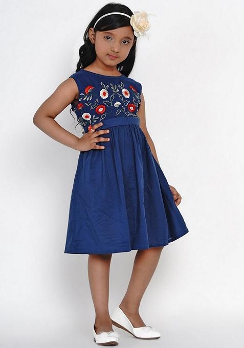 Buy Women Blue Embroidered Cotton Dress - XGD00190 - Girls Dress - Indya