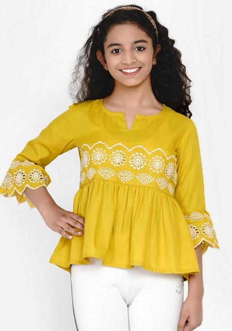 Buy Women Mustard Embroidered Cotton Blend Top - XGT00021 - Indya Girls ...