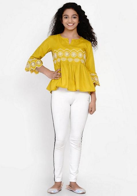 Buy Women Mustard Embroidered Cotton Blend Top - XGT00021 - Indya Girls ...