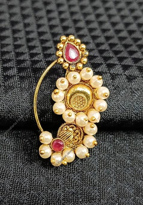 Buy Women Red Gold Plated Pearl Artificial Red Stone Maharashtrian Nath ...