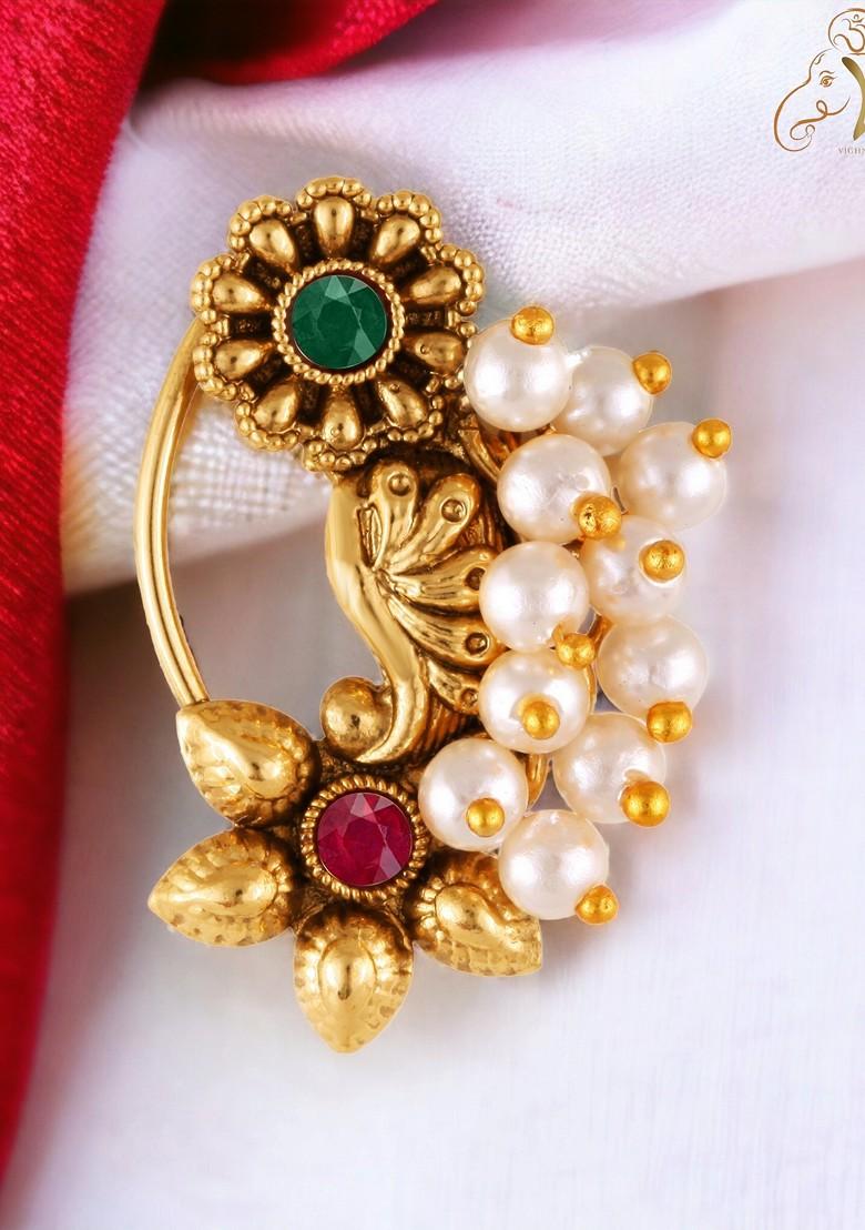 Buy Women Gold Plated Pearl Bead Alloy Artificial Stone Maharashtrian Nath XJA0214 New Arrival Indya