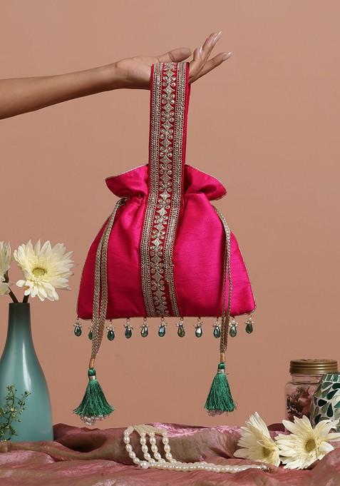Buy Women Magenta And Green Silk Potli Bag - XJA0676 - - Indya