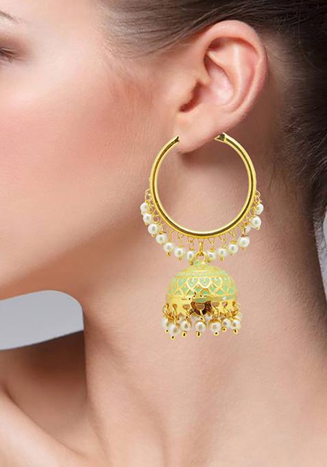 Buy Women Gold Plated Light Green Enamelled Pearl Hoop Jhumka Earrings ...