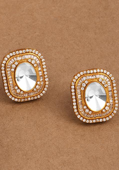 Buy Women Golden Rectangular Radiance Polki Stud Earrings - XJE00912 - Fashion Jewellery - Indya