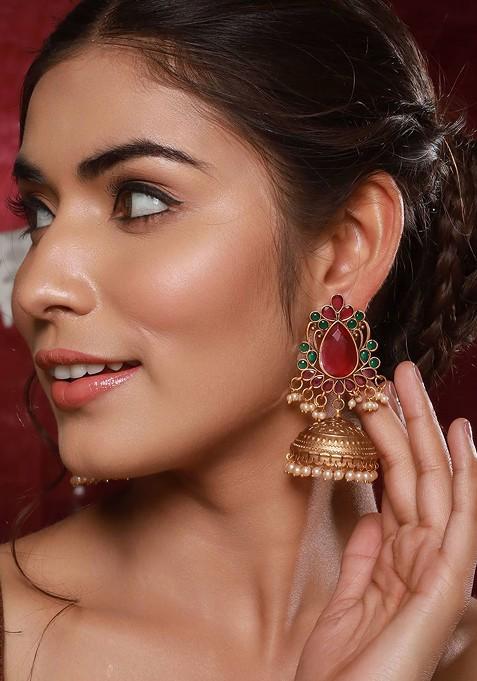 Buy Women Gold Plated Dome Shaped Beaded Jhumkas - XJE53236 - South Indian Elegance - Indya